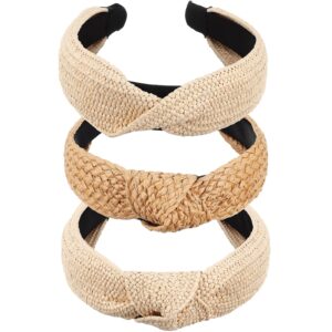 juexica 3 pieces straw knotted boho headbands - rattan twist hairbands for women, summer beach and girls (straw color)