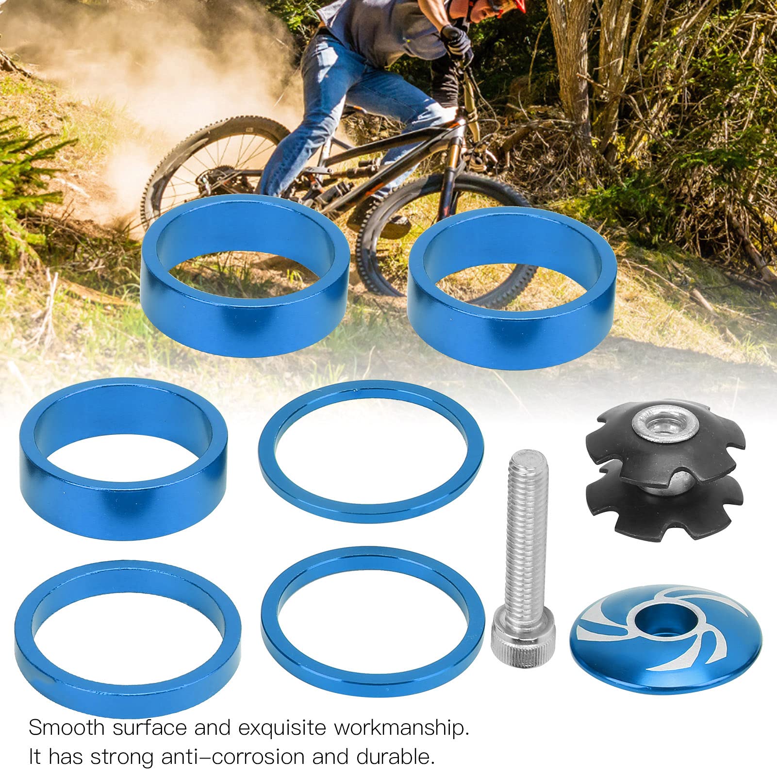 Keenso Bike Handlebar Stem Spacers, 6Pcs Bike Headset Spacer Aluminium Alloy Handlebar Stem Spacers for Mountain Bike(Blue) & Parts