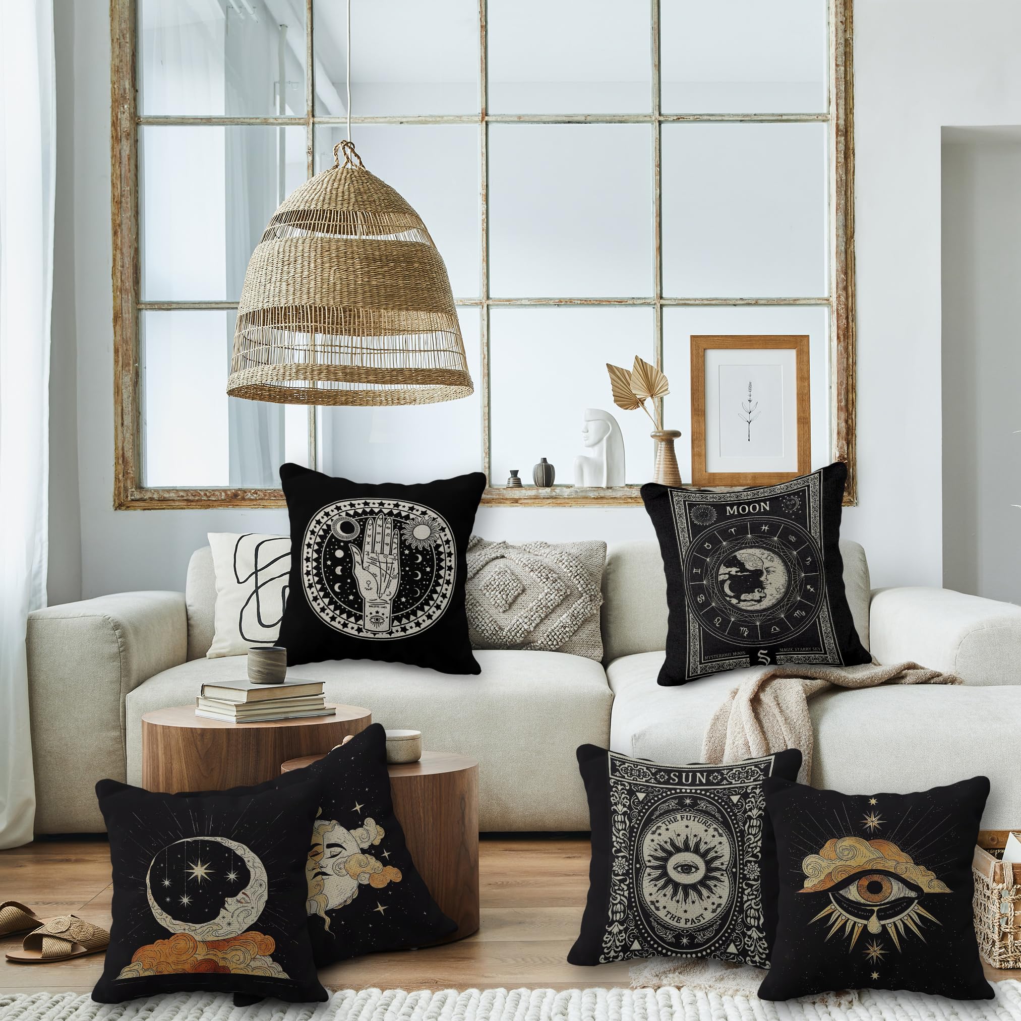 Tarot The Star Moon Sun Linen Throw Pillow Case, 18 x 18 Inch Set of 6, Tarot Theme Room Decor, Astrology Tarot Lovers Gifts, Mom, Daughter, Sister, Wife Gifts, Black Cushion Cover for Sofa Couch Bed