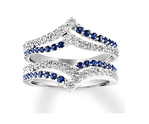 1 CT Round Shape Simulated Blue Sapphire & White Cubic Zirconia Enhancer Wedding Engagement Womens Ring in 14K White Gold Plated 925 Sterling Silver (1 Cttw) Ring Size - 4