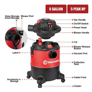 Vacmaster VBVB611PF 1101 6 Gallon 5 Peak HP Wet Dry Shop Vacuum 1-1/4 Inch Hose Powerful Suction with Detachable Blower