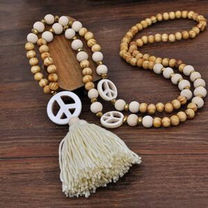 Vintage Natural Round Wooden Beads Long Sweater Chain Strand Necklace Handmade Retro Ethnic Peace Cross Star Wood Beaded Necklace Bohemia Tassel Pendant Neckalce for Women Fashion Jewelry-A peace