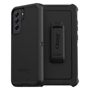 otterbox galaxy s21 fe 5g (only) defender series case - black, rugged & durable, with port protection, includes holster clip kickstand