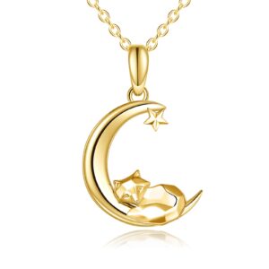 elfront 14k solid gold fox necklace pendant for women,simple origami style moon fox necklace birthday gifts jewelry for women