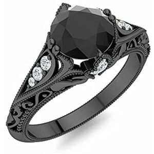 Round Cut Black Diamond & Cubic Zirconia 14k White Gold Plated 925 Sterling Silver Vintage Ring, Engagement Ring for Women's (12)