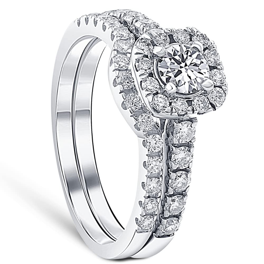 1 1/4Ct Cushion Halo Diamond Engagement Matching Wedding Ring Set 14K White Gold - Size 7