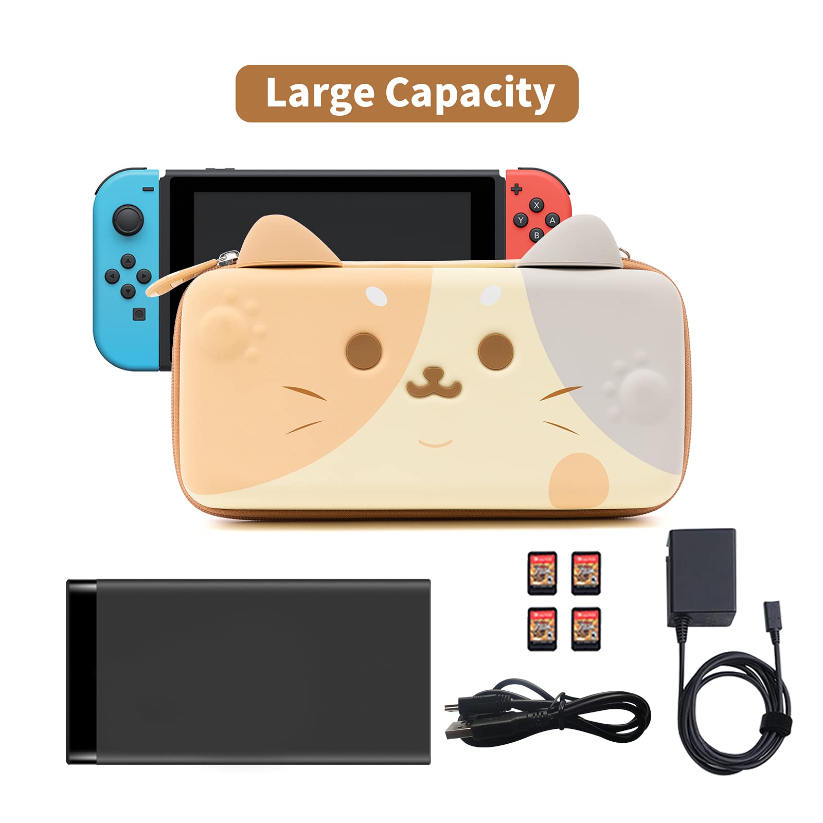 GeekShare Cat Ears Carry Case Compatible with Nintendo Switch OLED - Portable Hardshell Slim Travel Carrying Case fit Switch Console & Game Accessories (Multicolor, Large)