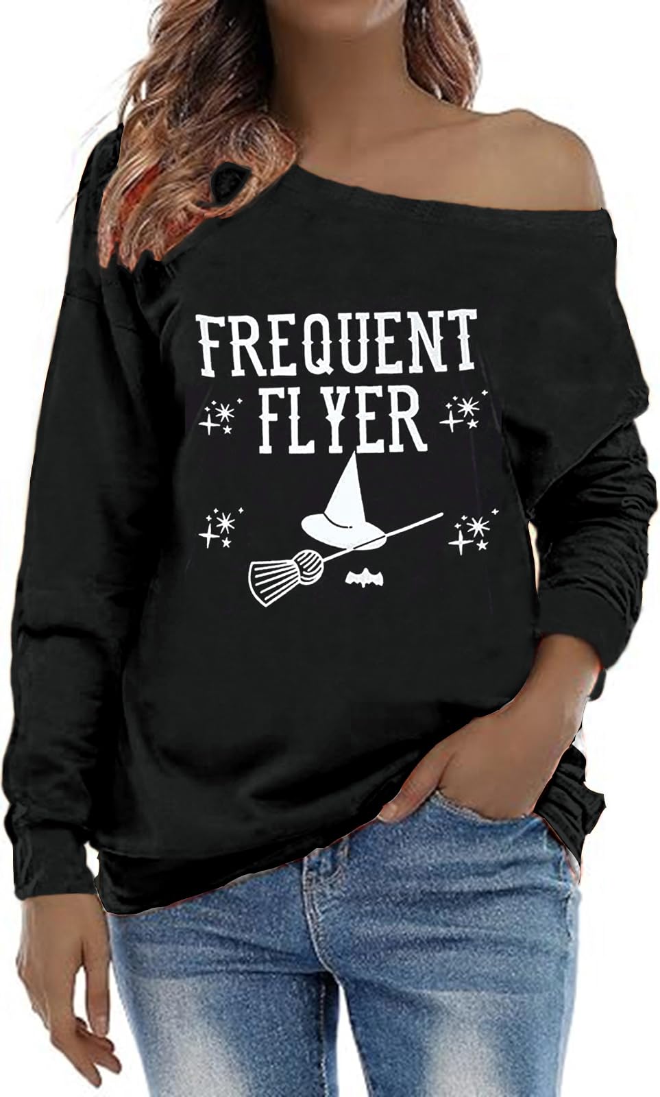 Decogiver Womens Off Shoulder Long Sleeve Witch Costume Halloween Frequent Flyer Shirts B7 XL