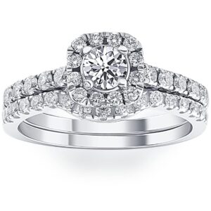 1 1/4ct cushion halo diamond engagement matching wedding ring set 14k white gold - size 7