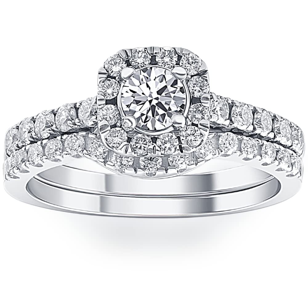 1 1/4Ct Cushion Halo Diamond Engagement Matching Wedding Ring Set 14K White Gold - Size 7