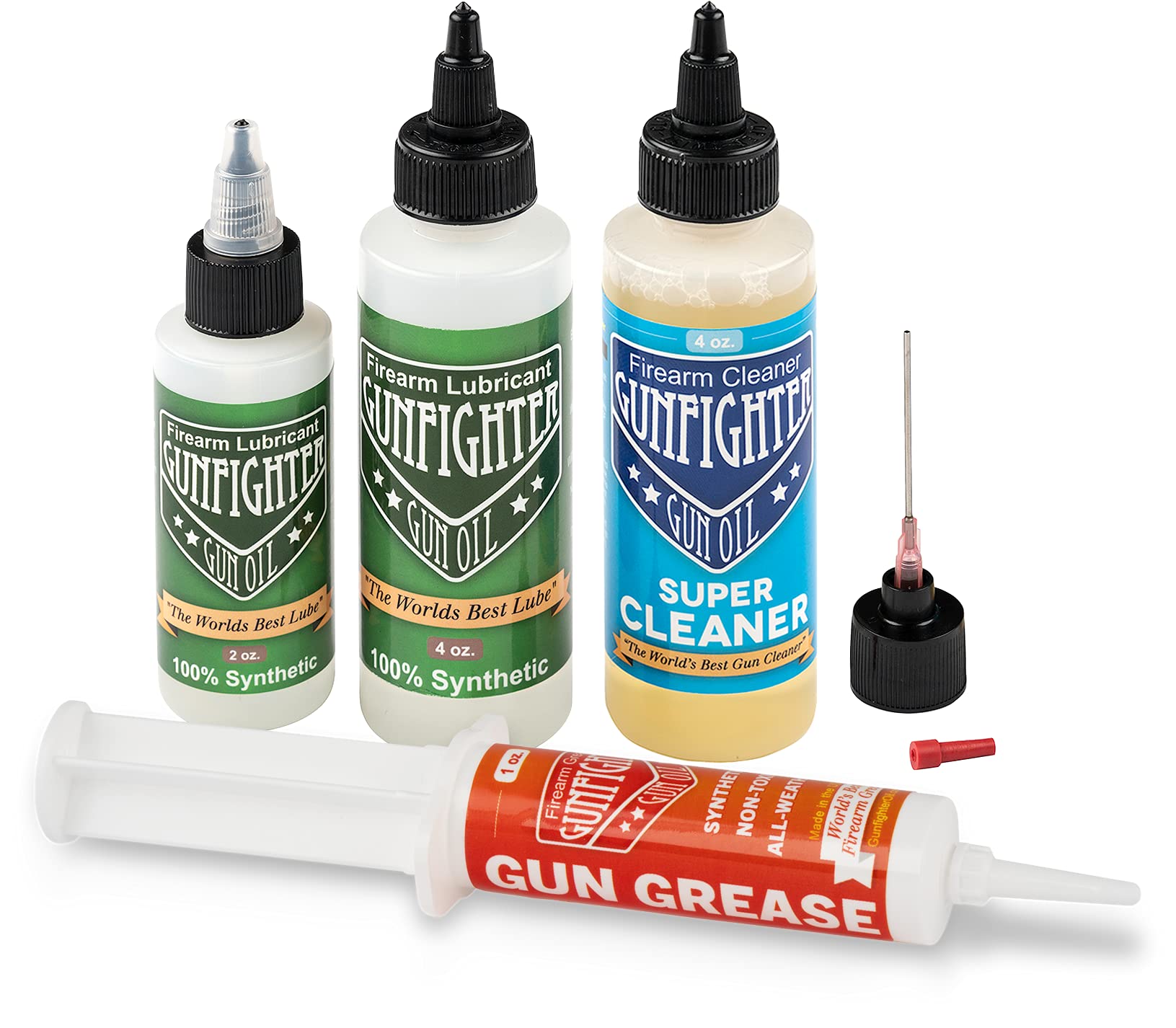 Gunfighter Gun Oil, Super Combo (4oz Bottle of Lube, 2oz Bottle of Lube, 4 oz Bottle of Cleaner, 1oz Syringe of Grease, and 2oz Needle Top Applicator)