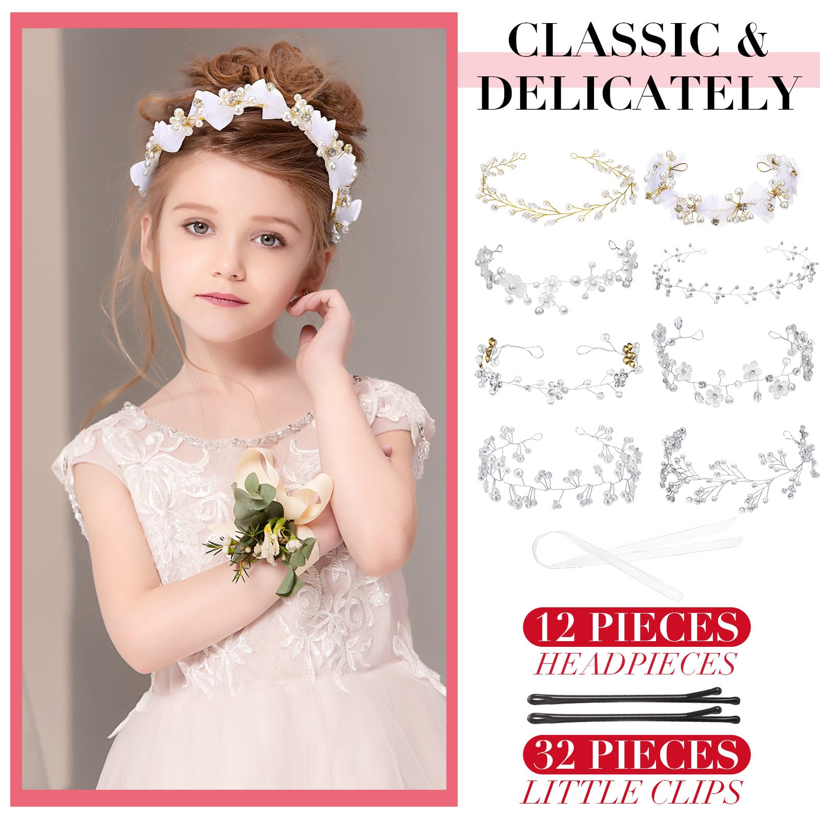 Geosar 8 Pcs Flower Girl Hair Accessory Flower Girl Headpiece Princess Wedding Headband Hair Band