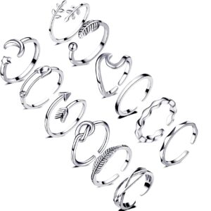 honsny 12pcs knuckle rings for women adjustable rings arrow knot wave cute star moon band open rings stackable thumb joint finger silver rings set for teen girls