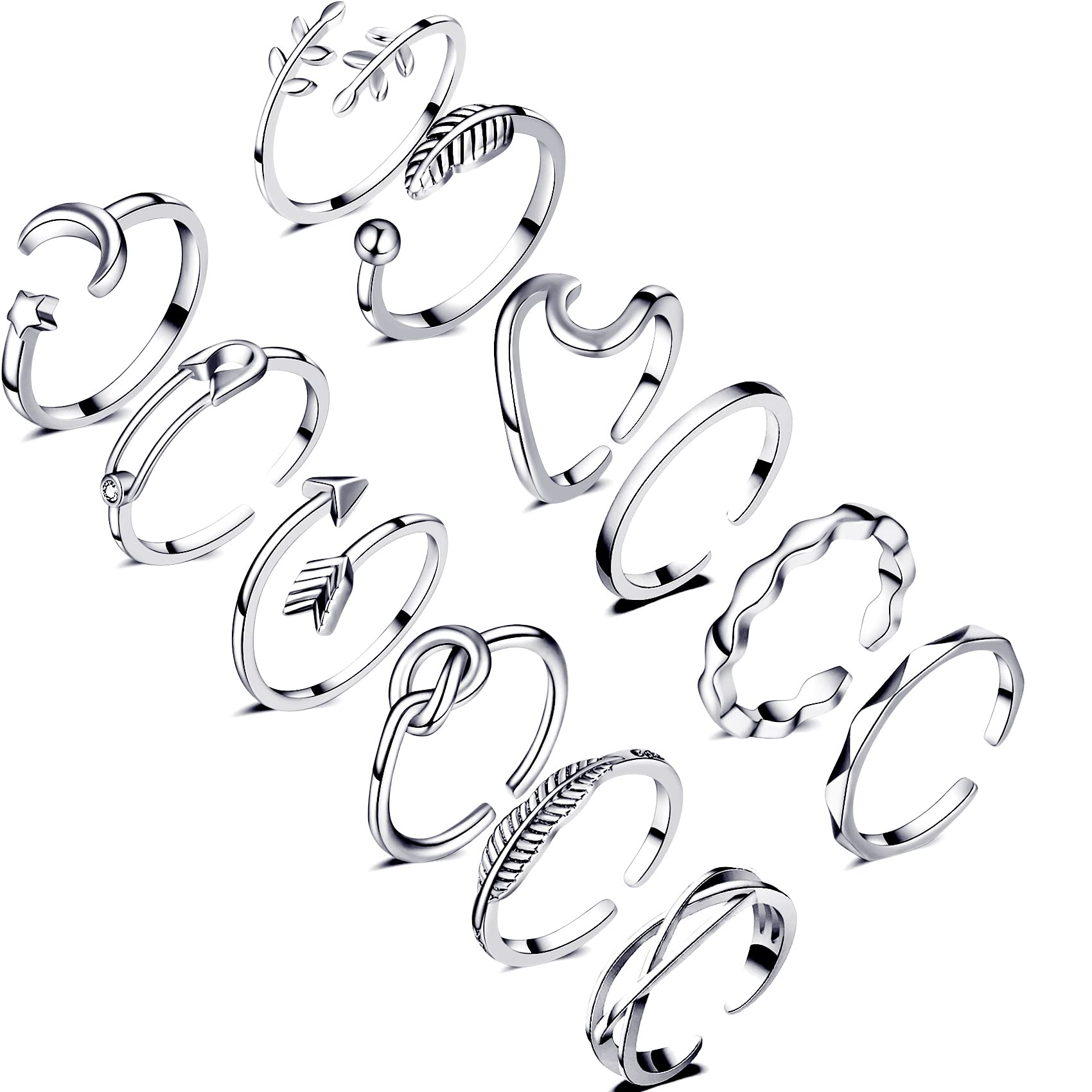 Honsny 12PCS Knuckle Rings for Women Adjustable Rings Arrow Knot Wave Cute Star Moon Band Open Rings Stackable Thumb Joint Finger Silver Rings Set for Teen Girls