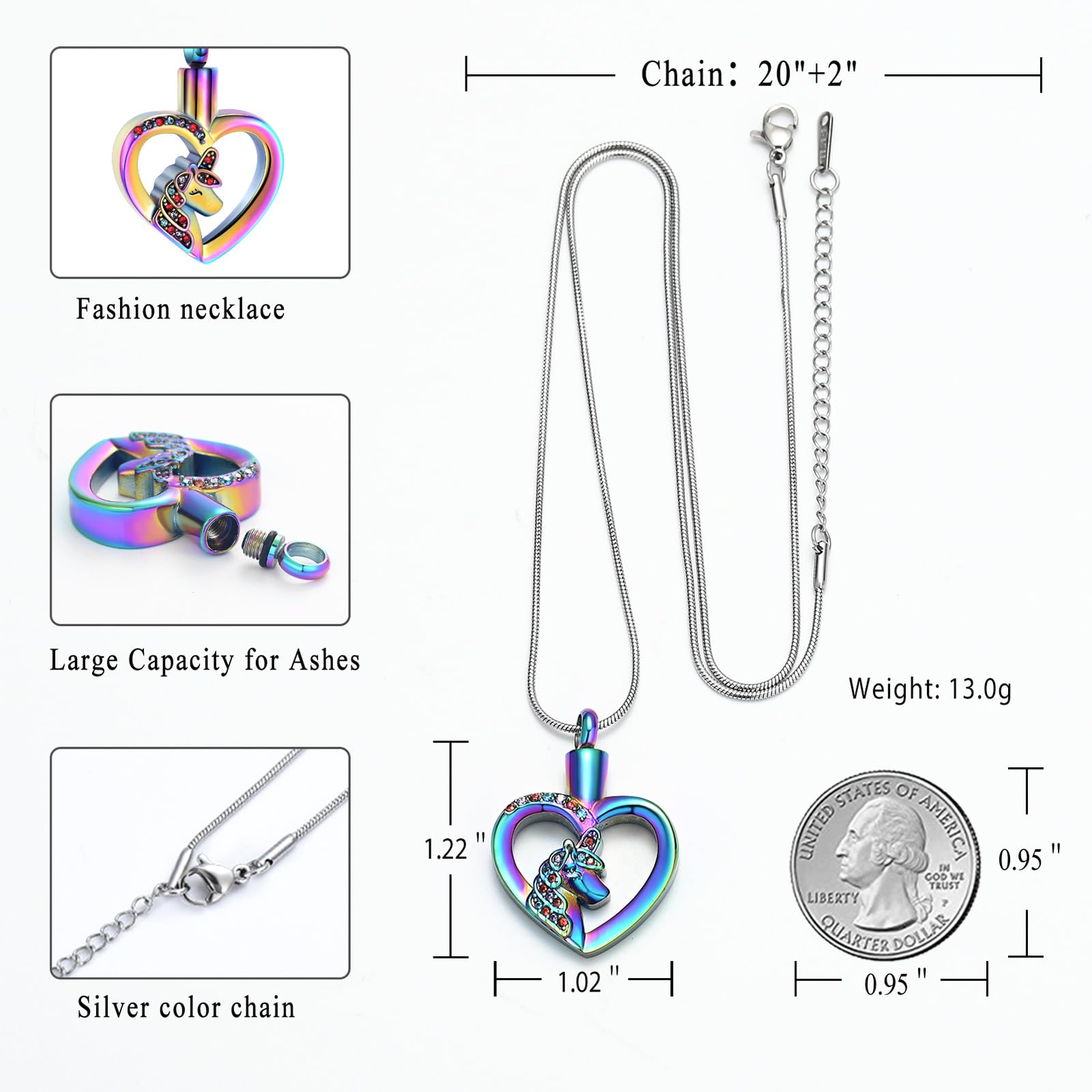 Cremation Jewelry Unicorn with Heart Charm Pendant Necklace Cremation Urns Jewelry Ashes Keepsake Stainless Steel Crystal Pendant