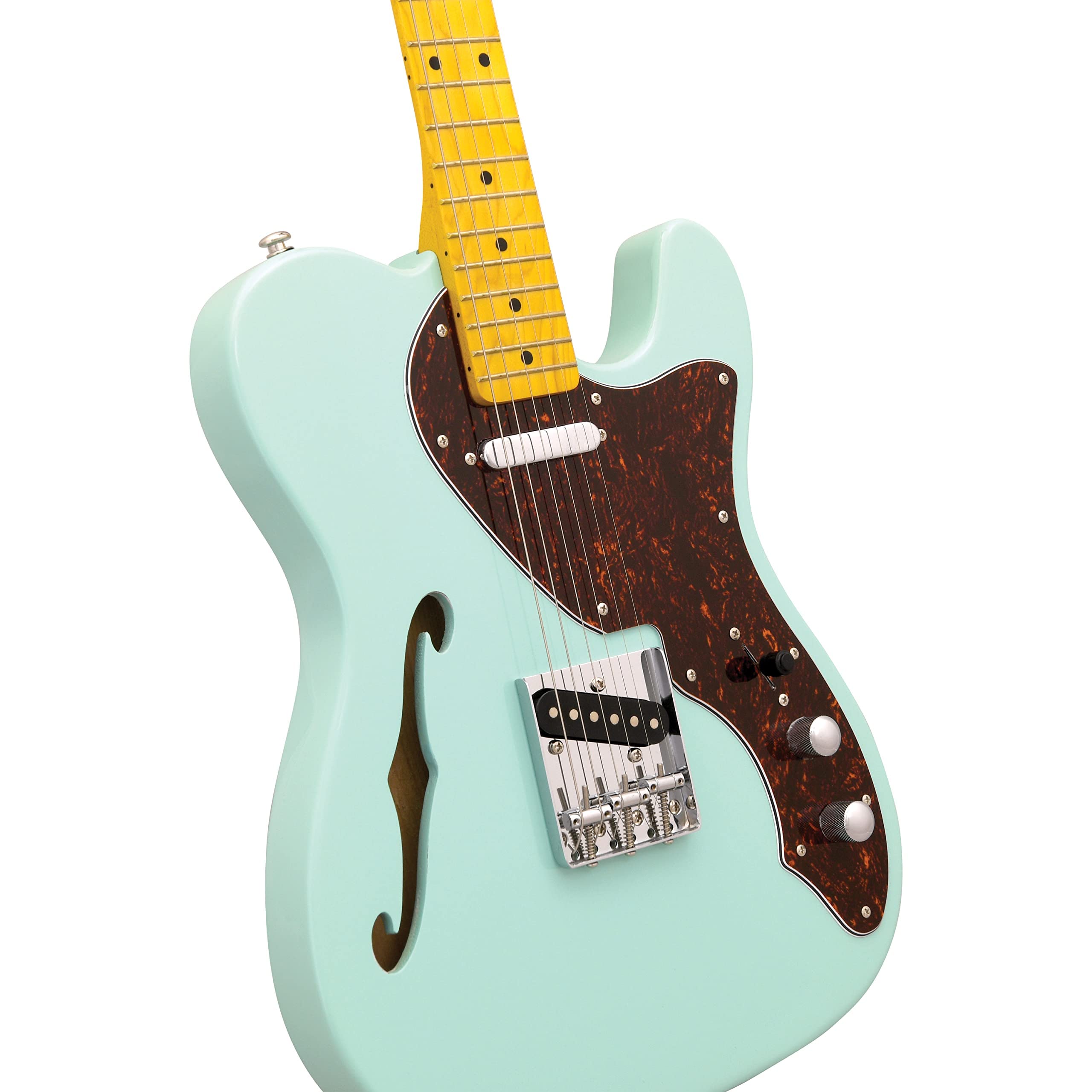 CNZ Audio Thinline TL Electric Guitar - Semi-Hollow Body - Surf Green, Tortoise Pickguard, Amber Maple Matte Neck & Fingerboard