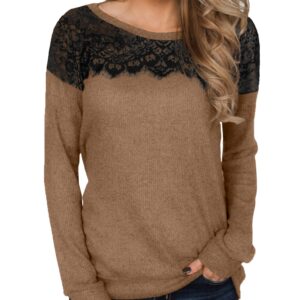 Women Fall Long Sleeve Holiday Lace Blouse Casual Trendy Formal Sweatshirt Brown M