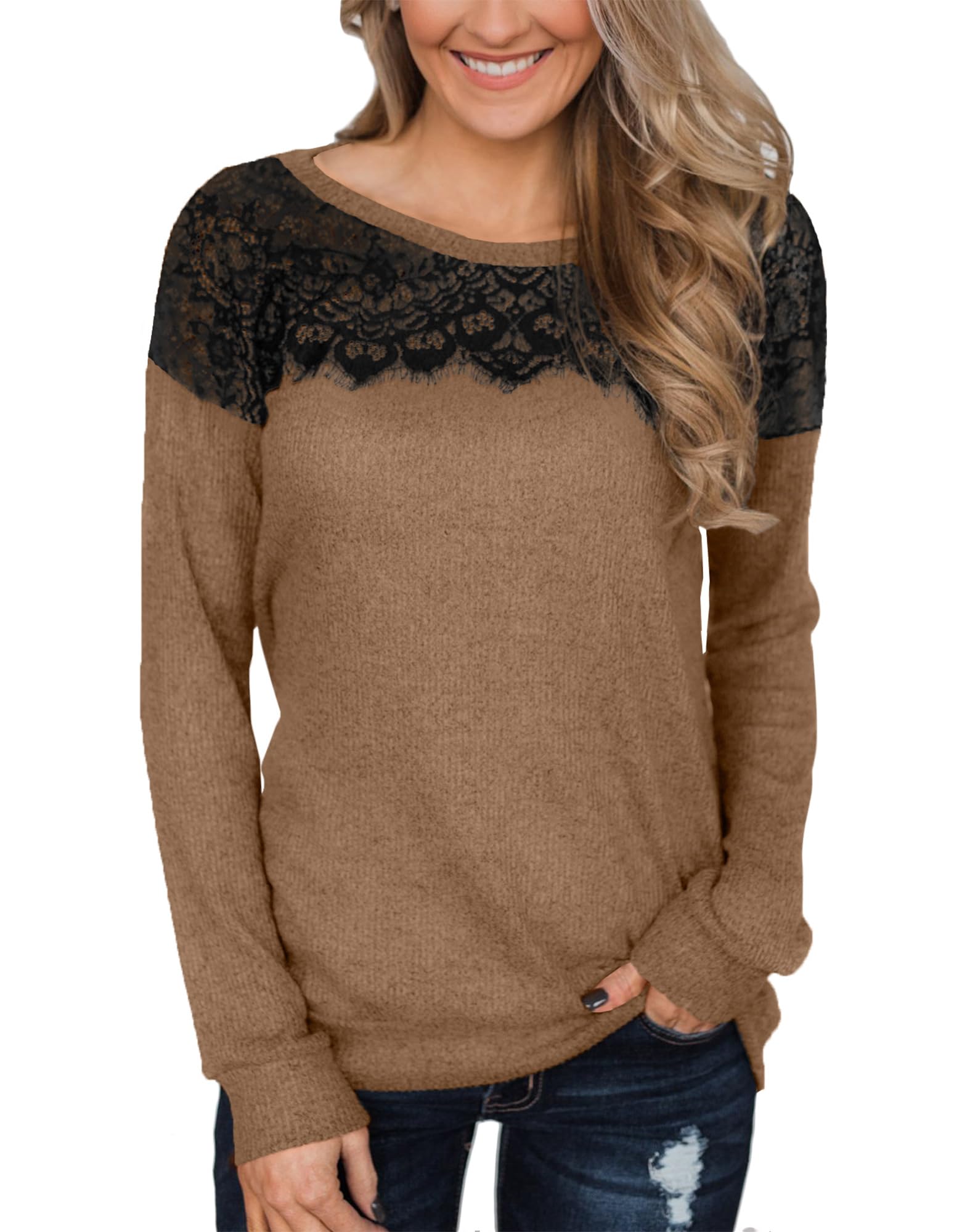 Women Fall Long Sleeve Holiday Lace Blouse Casual Trendy Formal Sweatshirt Brown M