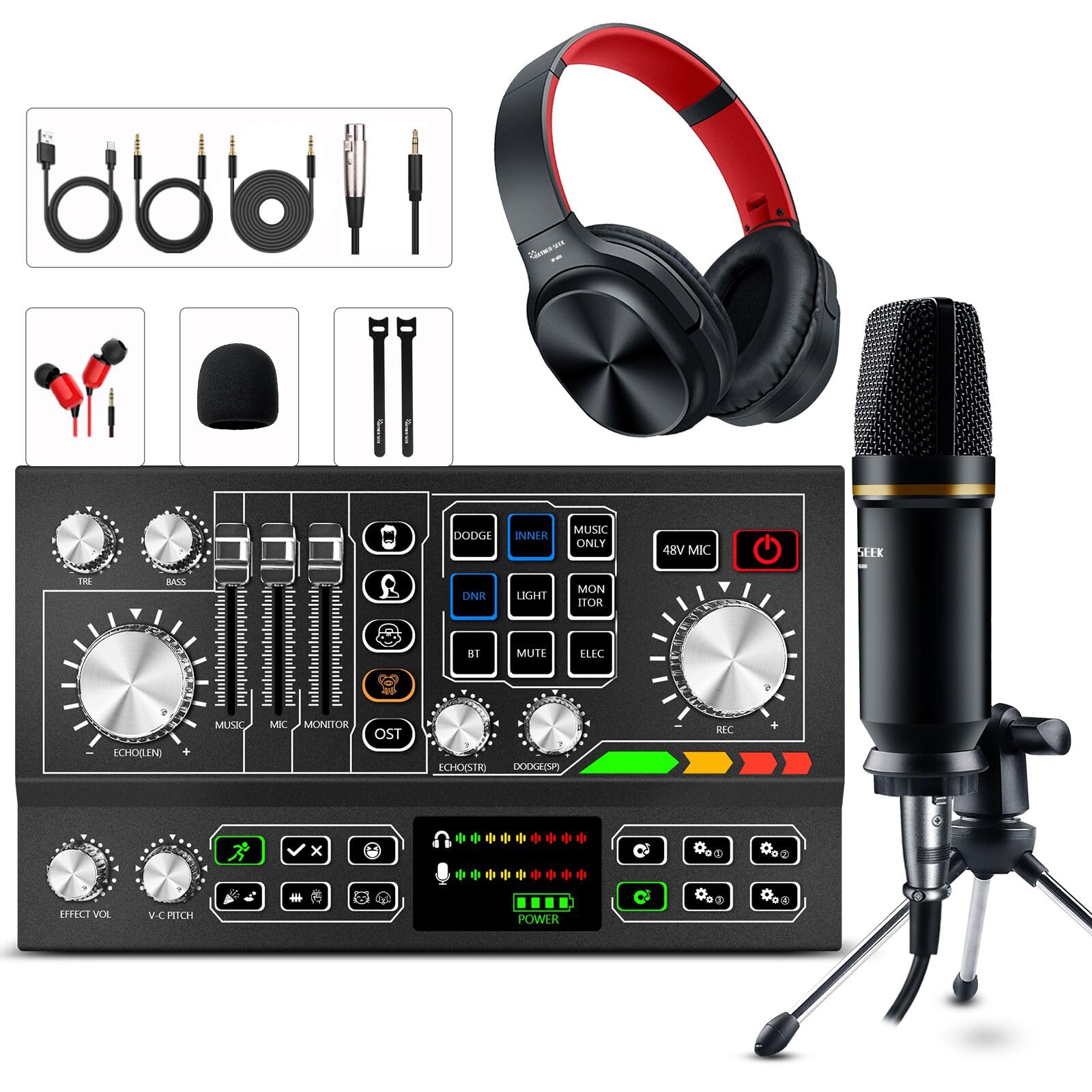 Podcast Equipment Bundle Aluminum Alloy Panel with Studio Condenser Microphone Sound DJ Mixer Broadcast Audio Interface DIY Sound Effect For PC Laptop Phone,Streaming Recording, Black