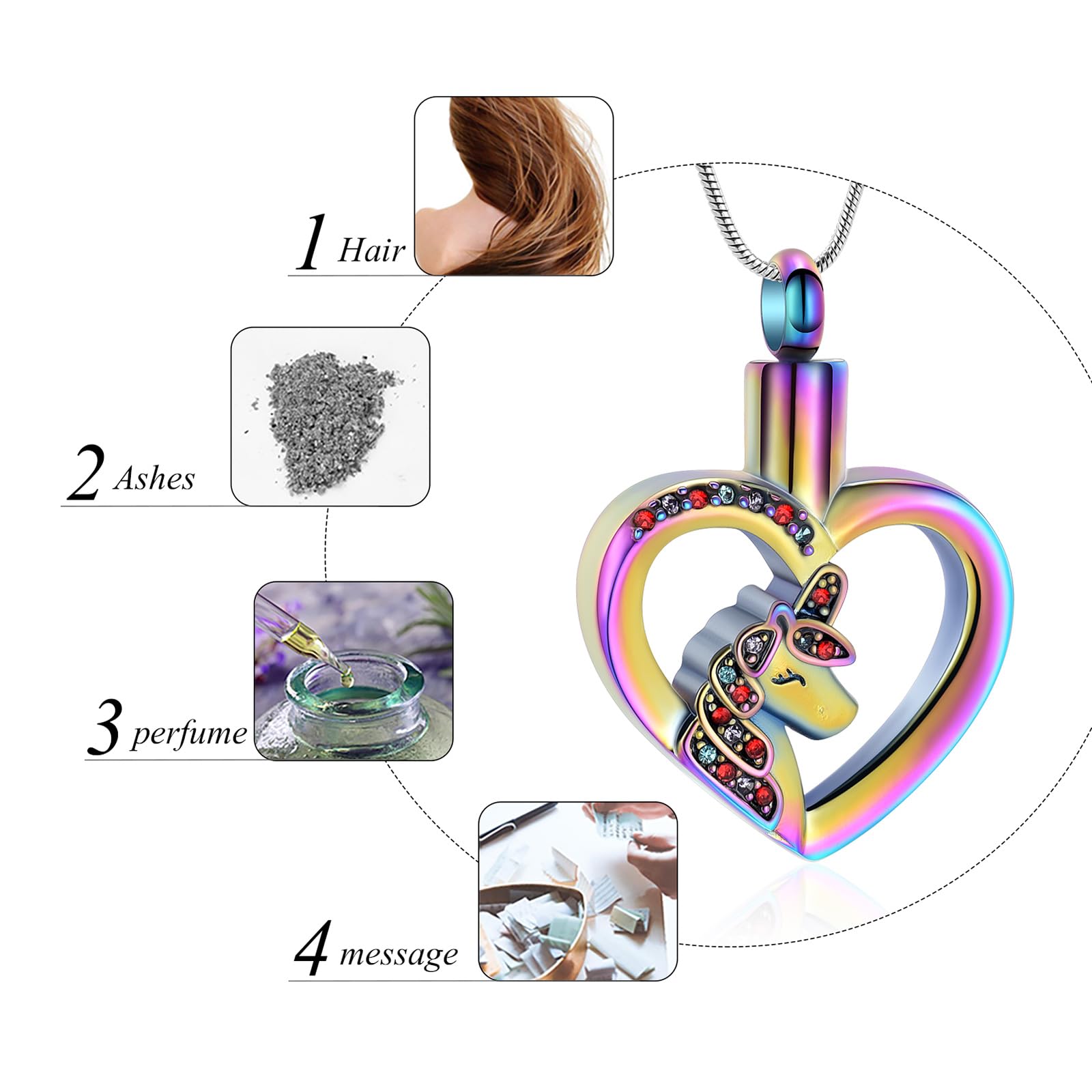 Cremation Jewelry Unicorn with Heart Charm Pendant Necklace Cremation Urns Jewelry Ashes Keepsake Stainless Steel Crystal Pendant