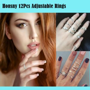 Honsny 12PCS Knuckle Rings for Women Adjustable Rings Arrow Knot Wave Cute Star Moon Band Open Rings Stackable Thumb Joint Finger Silver Rings Set for Teen Girls