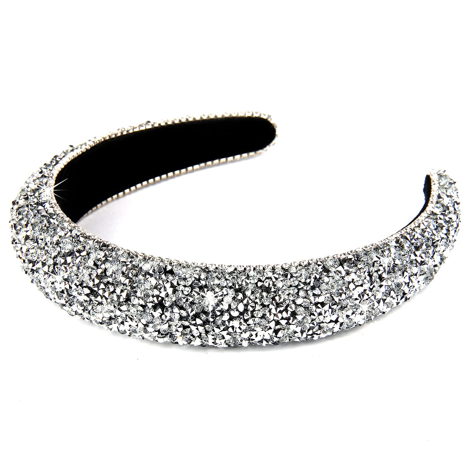 Wecoe Rhinestone Diamond Bling Glitter Sparkle Silver Fashion Headbands for Women and Girls - Thick Padded Hair Accessories Gift