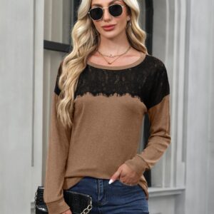 Women Fall Long Sleeve Holiday Lace Blouse Casual Trendy Formal Sweatshirt Brown M