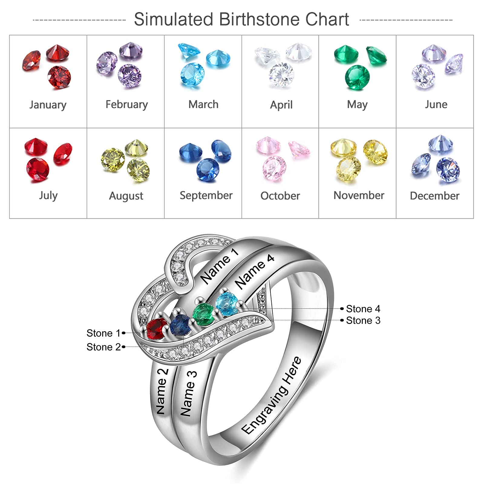 Mothers Ring,Personalized Anniversary Rings for Women Engagement Ring with 1-8 Birthstones Rings for Mother's Days Promise Ring for Her (4 names, 7)