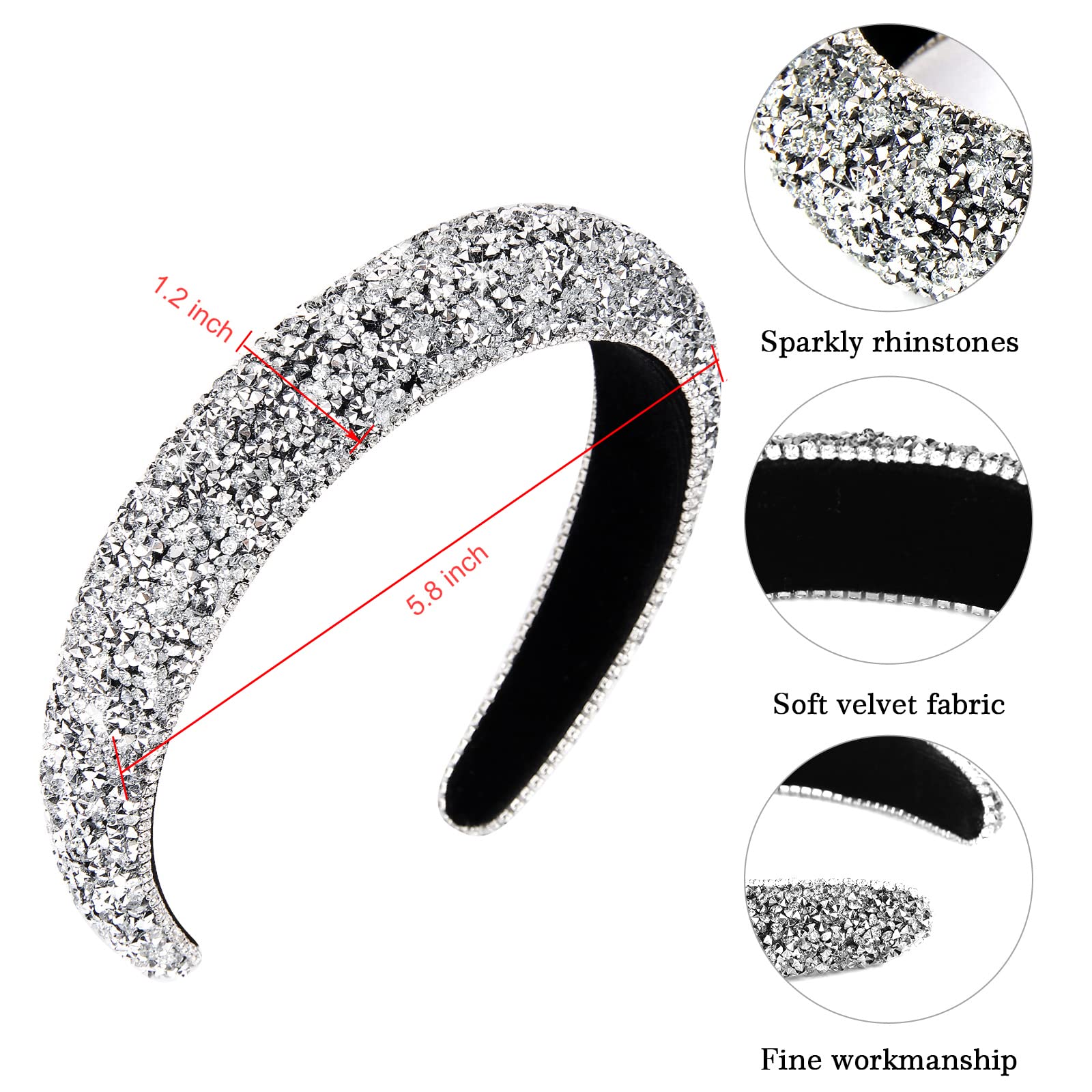 Wecoe Rhinestone Diamond Bling Glitter Sparkle Silver Fashion Headbands for Women and Girls - Thick Padded Hair Accessories Gift