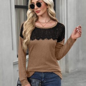 Women Fall Long Sleeve Holiday Lace Blouse Casual Trendy Formal Sweatshirt Brown M