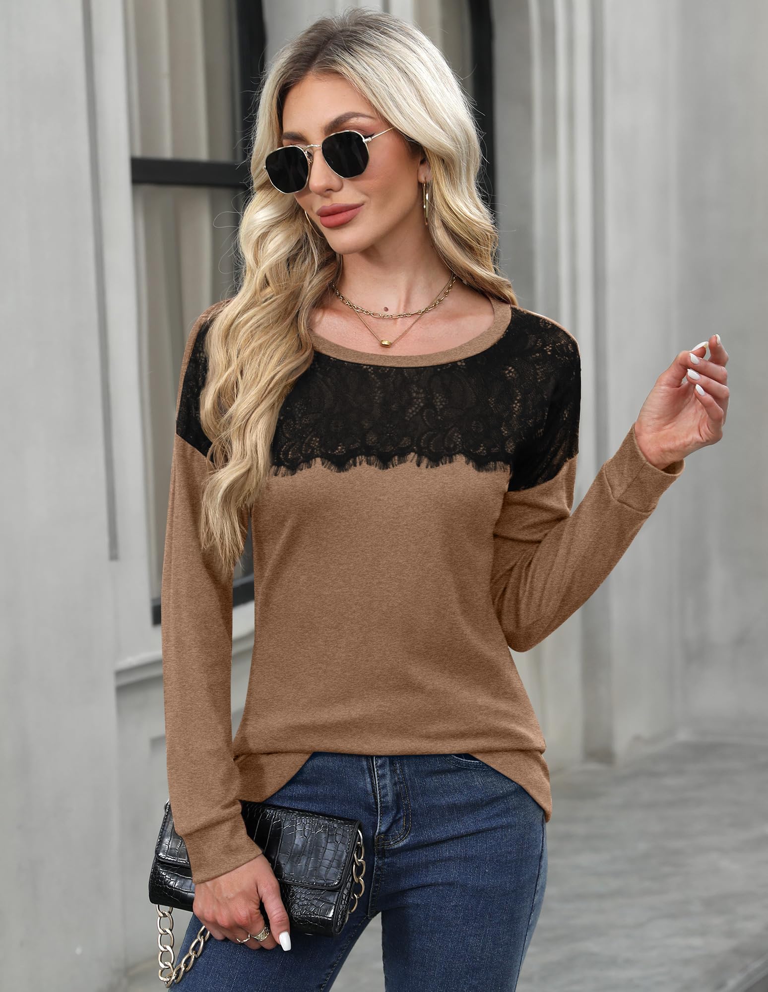 Women Fall Long Sleeve Holiday Lace Blouse Casual Trendy Formal Sweatshirt Brown M