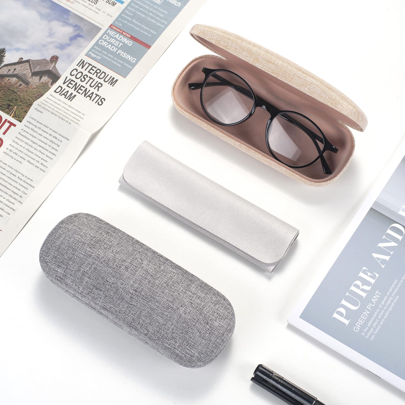 Marvolia Glasses Case Hard Shell Eyeglasses Case Linen Fabrics Protective Case for Sunglasses Eyeglasses with Cleaning Cloth for Men Women - Grey