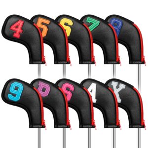 wosofe golf head covers for iron headcover with zipper black leather 10pcs set colorful number embroideried pu leather waterproof fit all brands (multicolor)