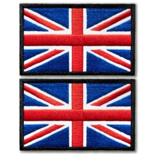 anley tactical united kingdom flag embroidered patches (2 pack) - 2"x 3" uk flag military uniform sew on emblem patch - loop & hook fasteners attach to tactical hats, garment & gears