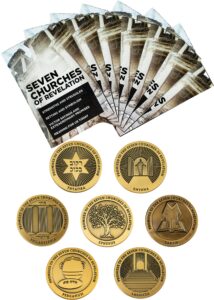 bible study set, the seven churches of revelation, 7 study booklets & 7 challenge coins, bulk bible study supplies for men & women, christian group devotional gift set, early church life applications