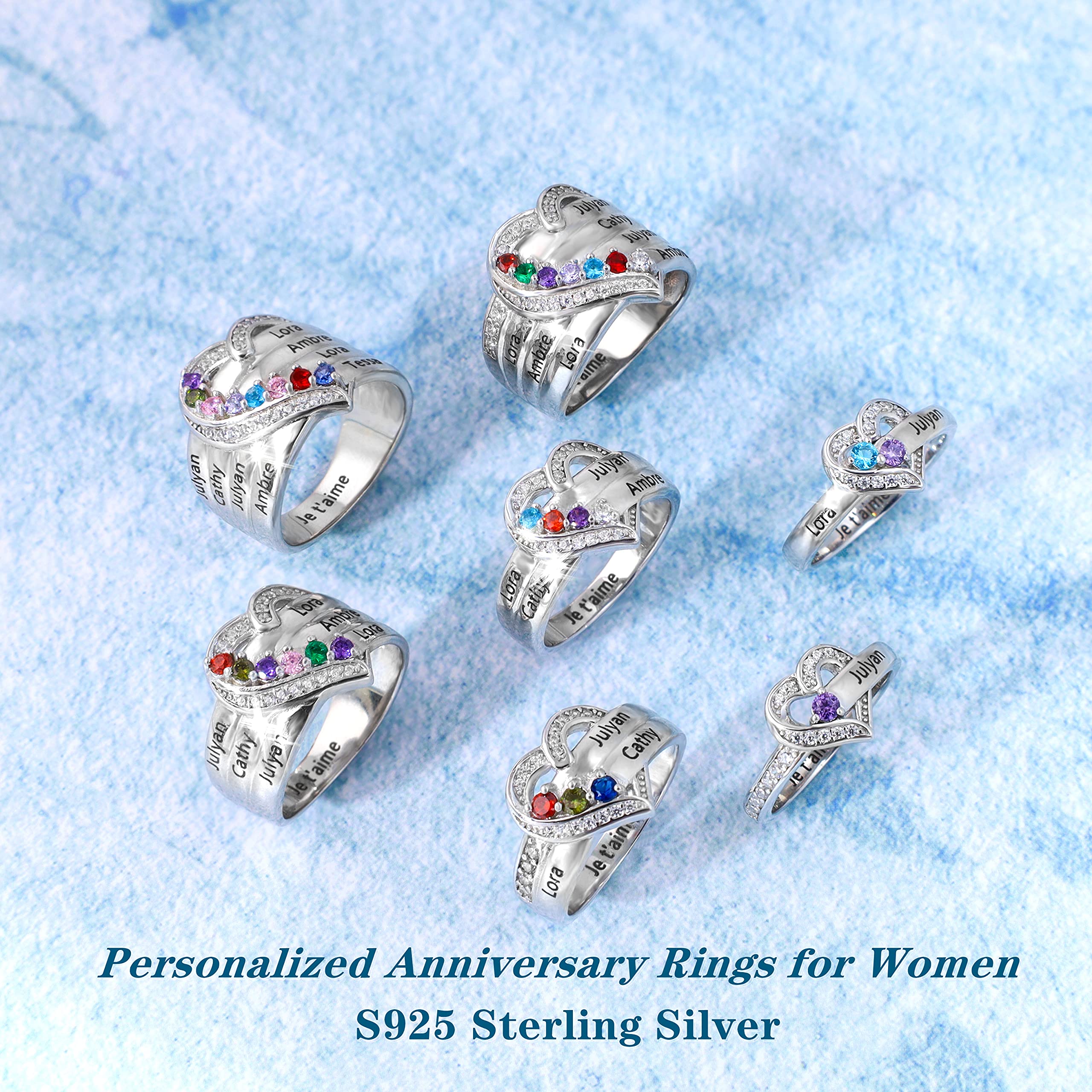 Mothers Ring,Personalized Anniversary Rings for Women Engagement Ring with 1-8 Birthstones Rings for Mother's Days Promise Ring for Her (4 names, 7)