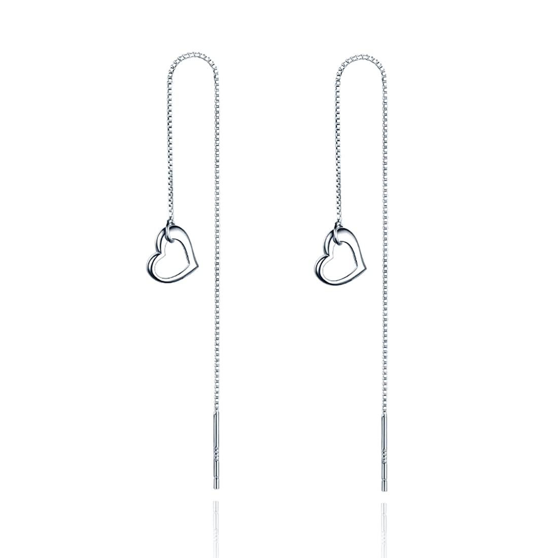 Reffeer Solid 925 Sterling Silver Love Heart Chain Dangle Earrings Tassel for Women Heart Dangle Earrings Threader Drops (A-Silver)