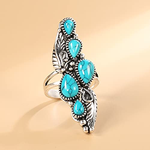 Vintage Blue Synthetic-Turquoise Ring Teardrop-shaped Stone Ring Tibet Silver Plated Fashion (US 8)