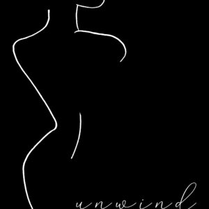 Abstract Minimalist "Relax, Unwind" Black Wall Decor - Set of 2-8"x10" UNFRAMED Prints - Modern, Minimal, Black And White Line Art - Female Figure Silhouette - Bathroom Wall Decor