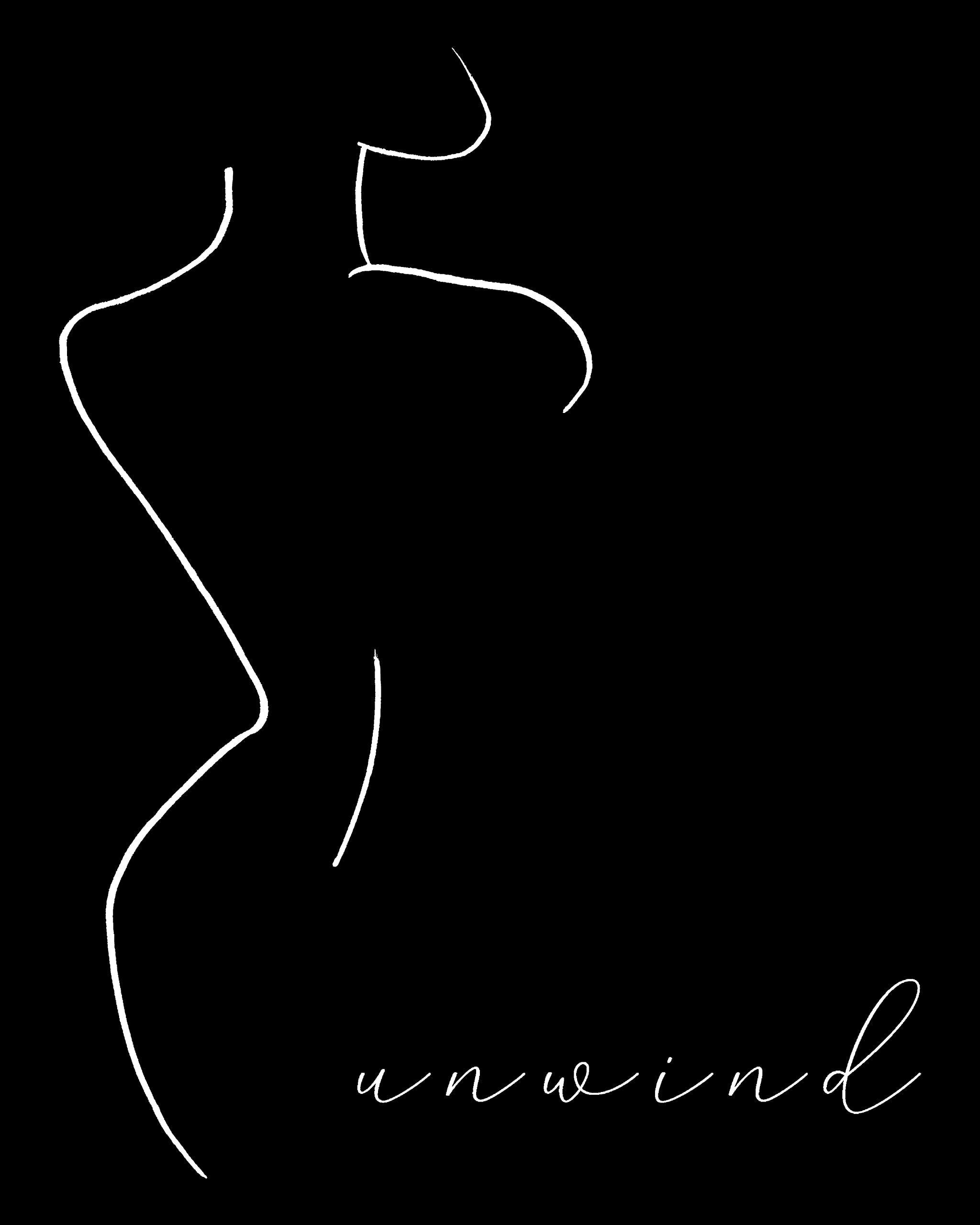 Abstract Minimalist "Relax, Unwind" Black Wall Decor - Set of 2-8"x10" UNFRAMED Prints - Modern, Minimal, Black And White Line Art - Female Figure Silhouette - Bathroom Wall Decor