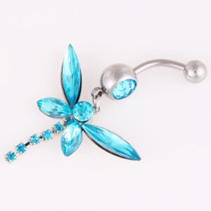 Butterfly Dangle Belly Button Rings For Women Blue Crystal Stainless Steel Animal Cute Sexy Butterfly Belly Button Rings Set Jewelry For Women (Blue)