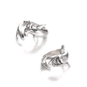 2pcs white shark and hammerhead shark rings necklace ocean animal personality jewelry for women men-2pcs rings