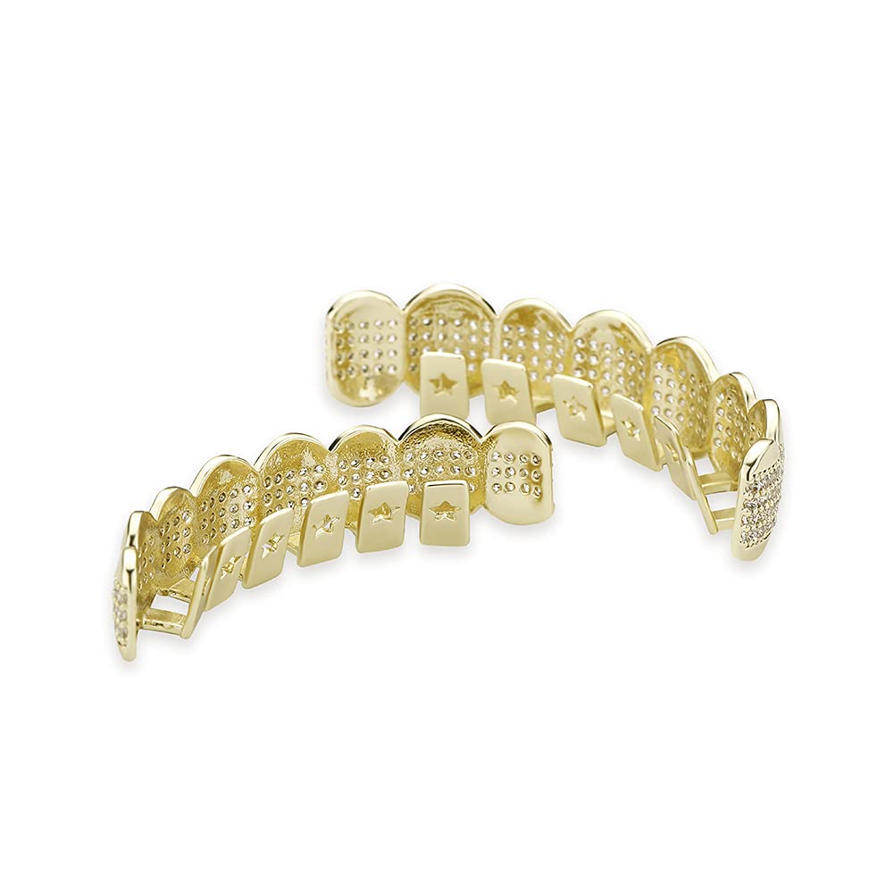 JINAO Hip Hop 4 Rows 8 Top Teeth 3 Rows 8 Bottom Tooth Grillz 14K Gold Plated Iced Out Cubic Zirconia Diamond Mouth Grills for Men and Women(Gold)