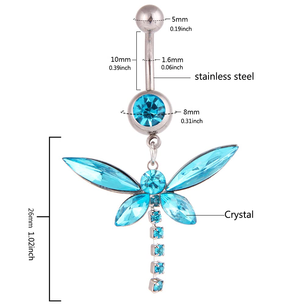 Butterfly Dangle Belly Button Rings For Women Blue Crystal Stainless Steel Animal Cute Sexy Butterfly Belly Button Rings Set Jewelry For Women (Blue)