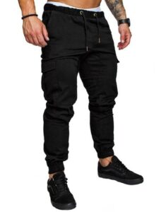 kroivil men's casual pants drawstring sweat jogging cargo with pockets joggers long sports active for men gym training pants black