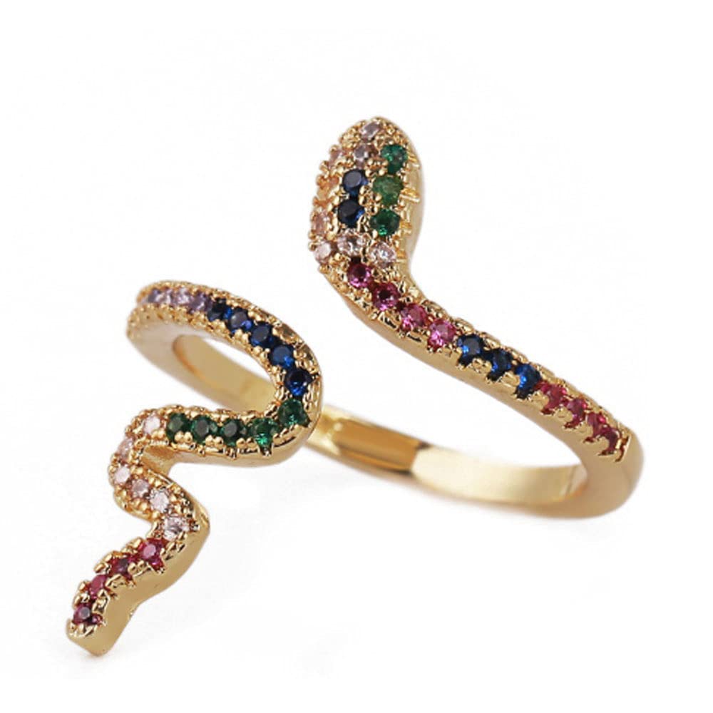 Tafeily Dainty Cute Gold Plated Snake Rings for Women Girls Rainbow CZ Adjustable Rings Expandable Statement Toe Stacking Open Band Finger Ring Valentine's Jewelry Anniversary Birthday Gifts (gold)