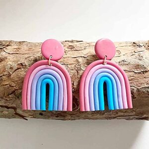 Clay Rainbow Dangle Earrings, Colorful Pink Resin U Fan Shape Round Hoop Earrings for Women VSCO Y2K Style Jewelry Gift-pink blue