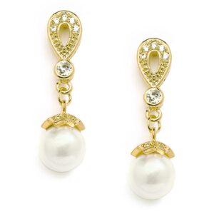 mariell clip on gold wedding earrings for brides, round pearl drop clip-on cz bridal earring for women