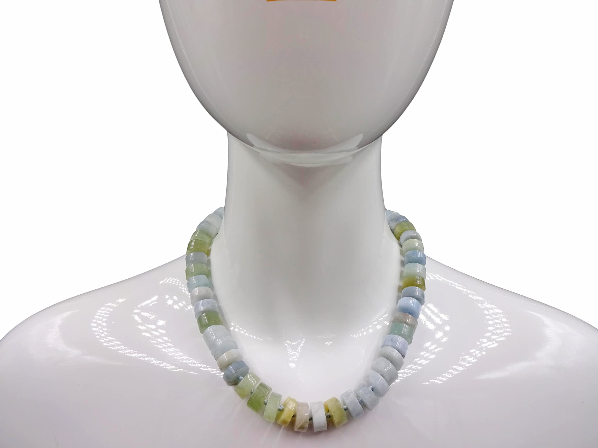 MGR MY GEMS ROCK! Beaded Button-Shape Aquamarine Statement Necklace. Non-Treated Aquamarine Stone Necklace. Collar Necklace, 18-19.50” Long.