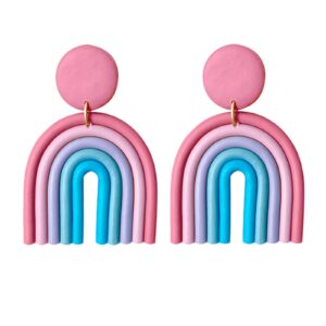 clay rainbow dangle earrings, colorful pink resin u fan shape round hoop earrings for women vsco y2k style jewelry gift-pink blue